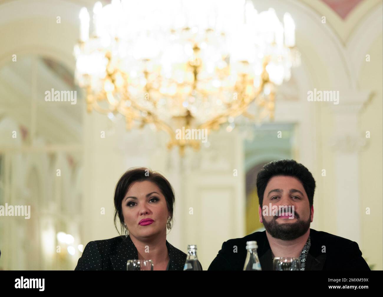 Soprano Anna Netrebko and tenor Yusif Eyvazov attend a news conference ...