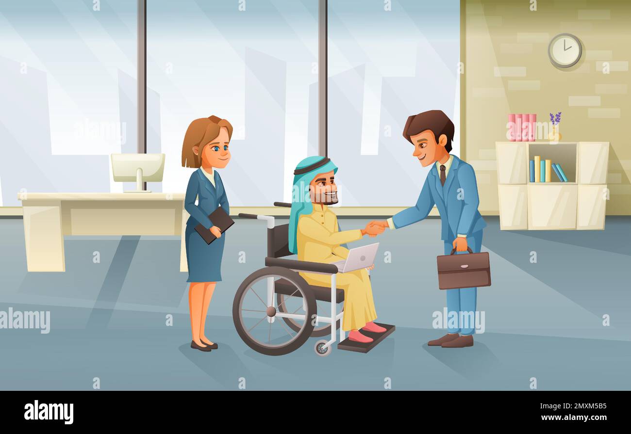 Cartoon disabled arab man in wheelchair shaking hands with office ...