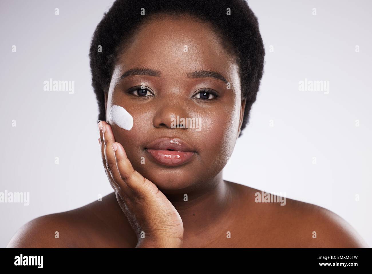 Black woman, skincare cream and studio portrait for cosmetic beauty ...