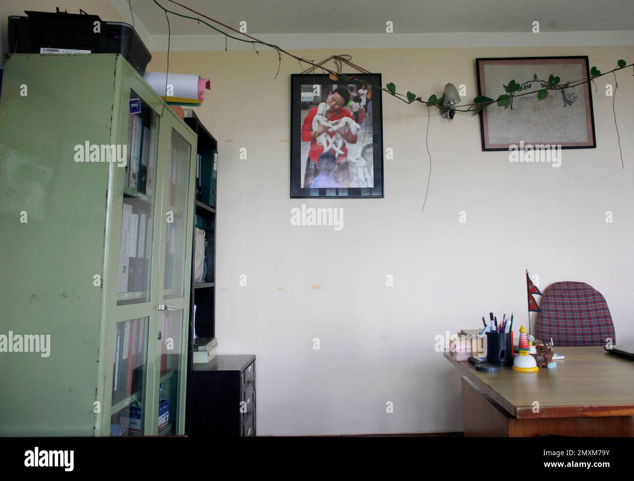 In this Sept. 16, 2016 photo, a portrait of singing monk Ani Choying ...