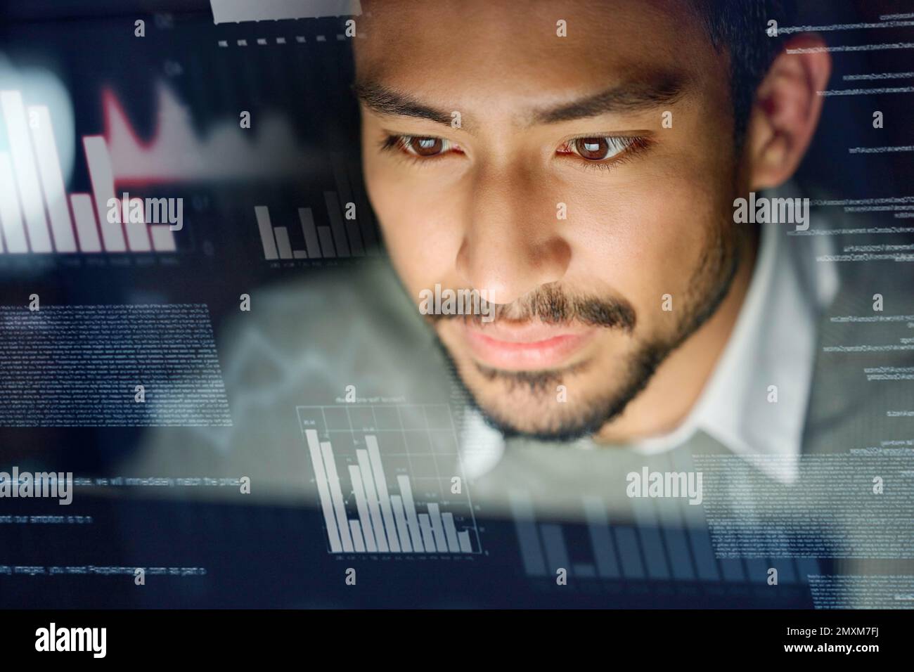 Business man, dashboard and stock market overlay for trading ...