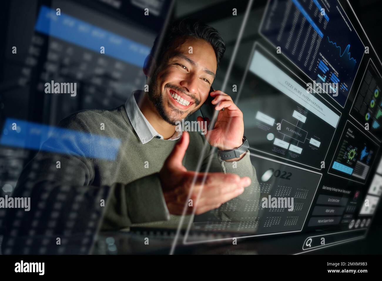 Dashboard, stock market overlay or man on a phone call talking about ...
