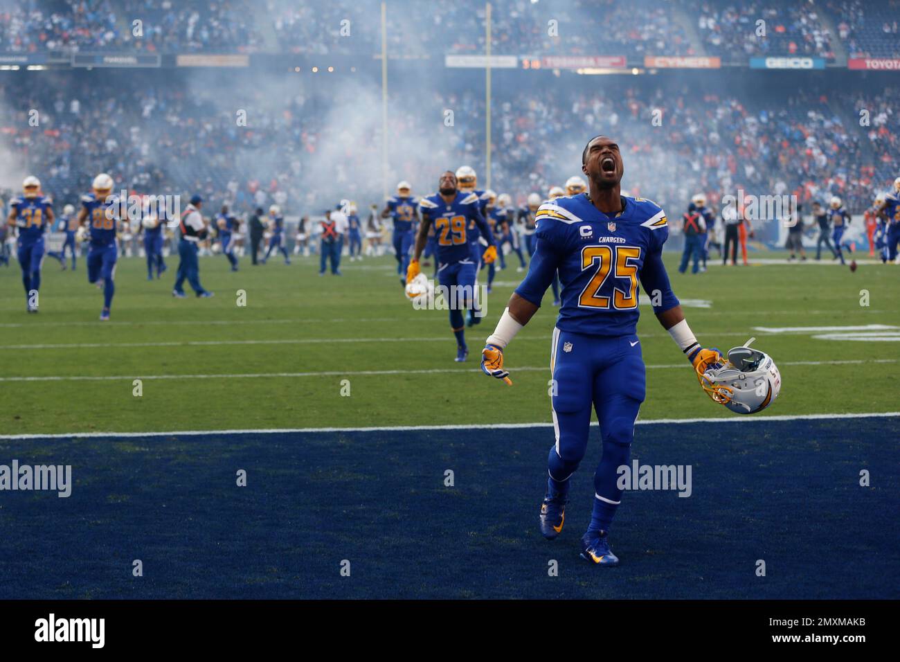 San Diego Chargers defensive back Darrell Stuckey (25) reacts before an ...