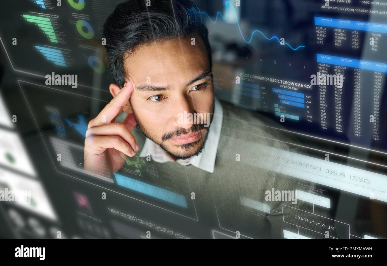 Dashboard, stock market screen or man thinking of trading data, investment strategy or stocks ...