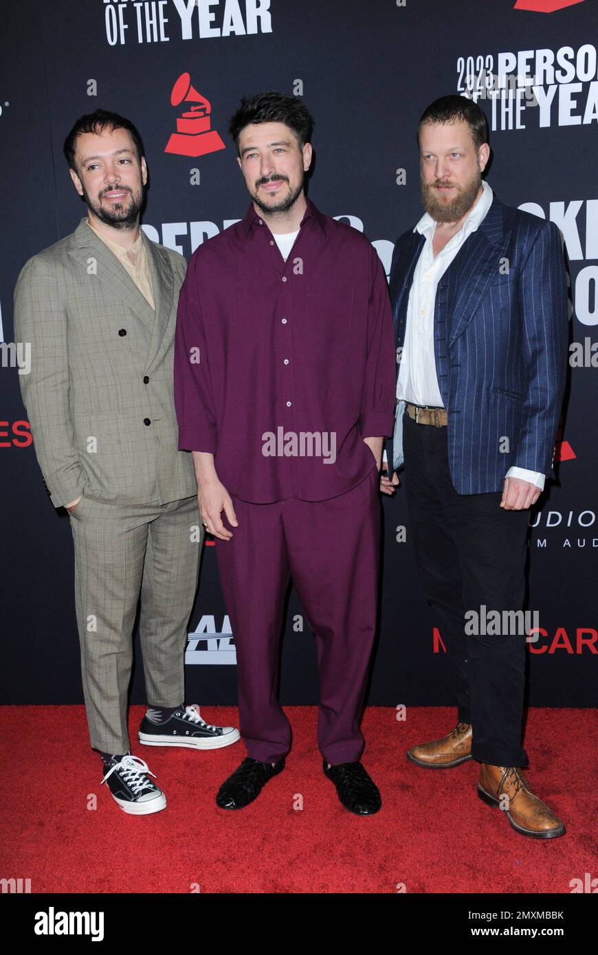 Los Angeles, CA. 3rd Feb, 2023. Ben Lovett, Marcus Mumford, Ted Dwane ...