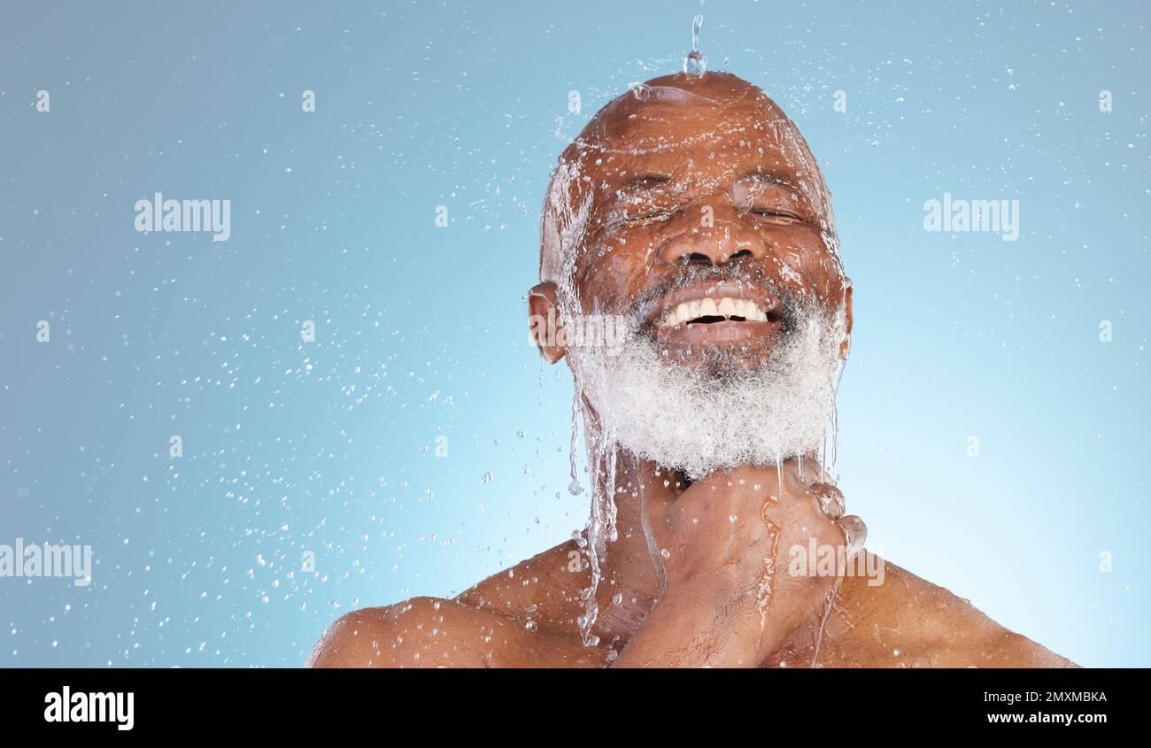 Water, splash and mockup with black man and shower for skincare, hygiene and dermatology ...