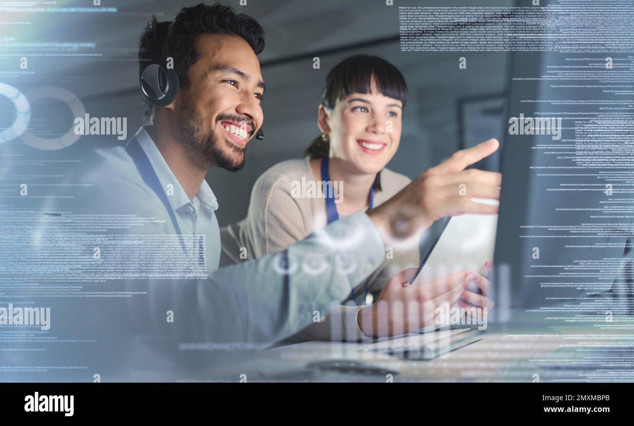 Call center, customer support overlay and team on computer for ...