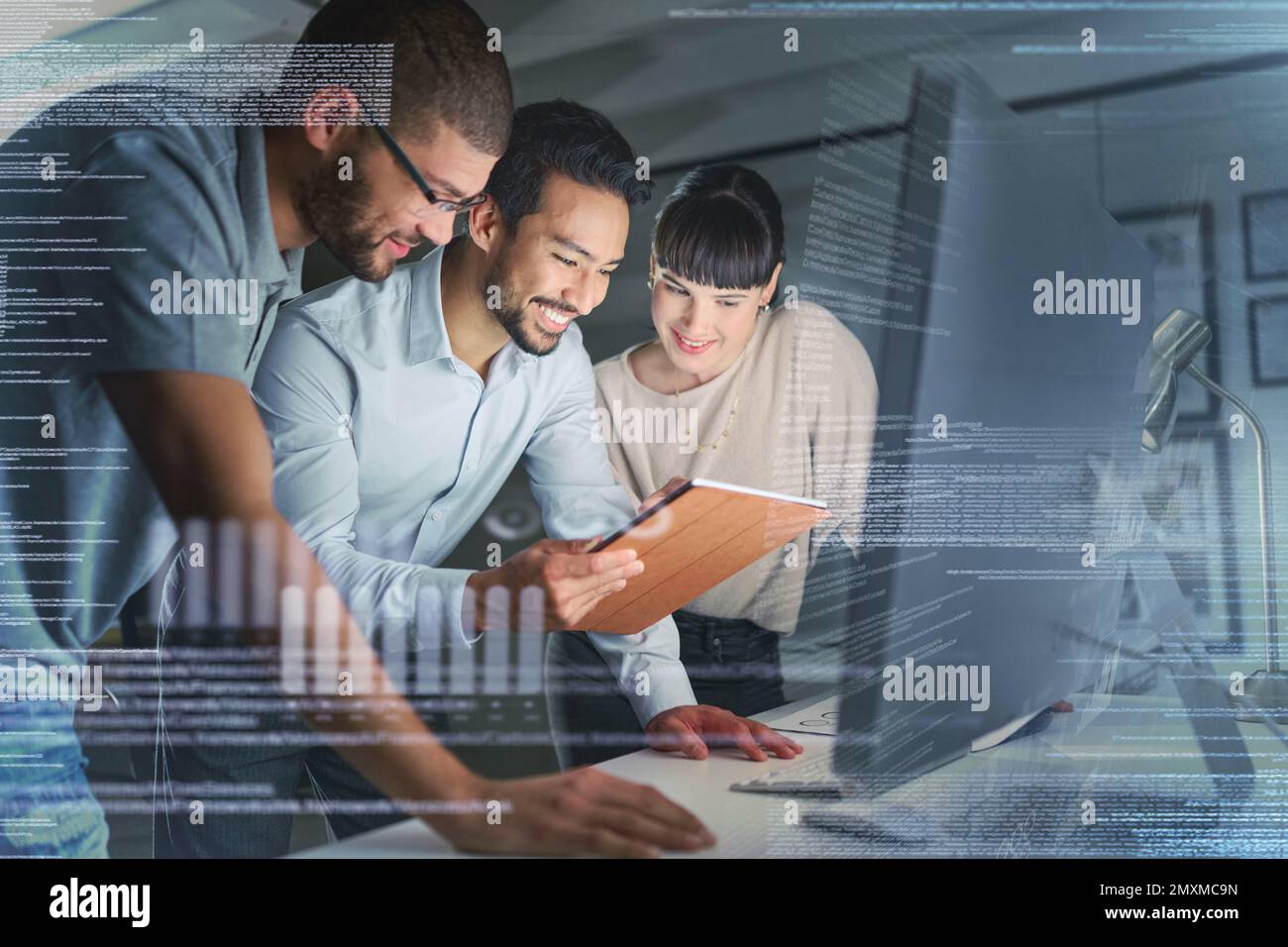 Business people, coding and information technology with computer screen ...