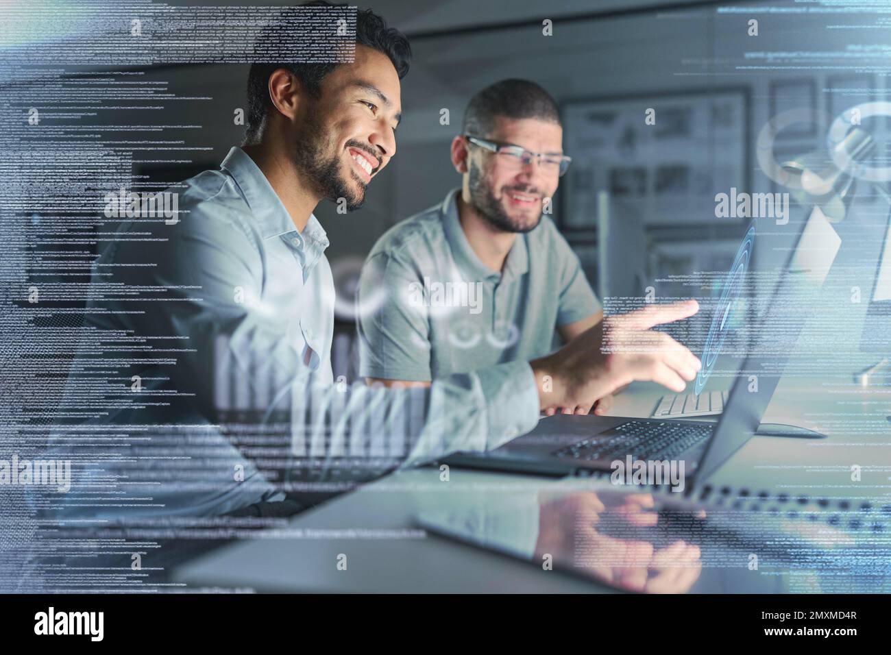 Teamwork, laptop hologram and people with data analytics, cyber security research and cloud ...