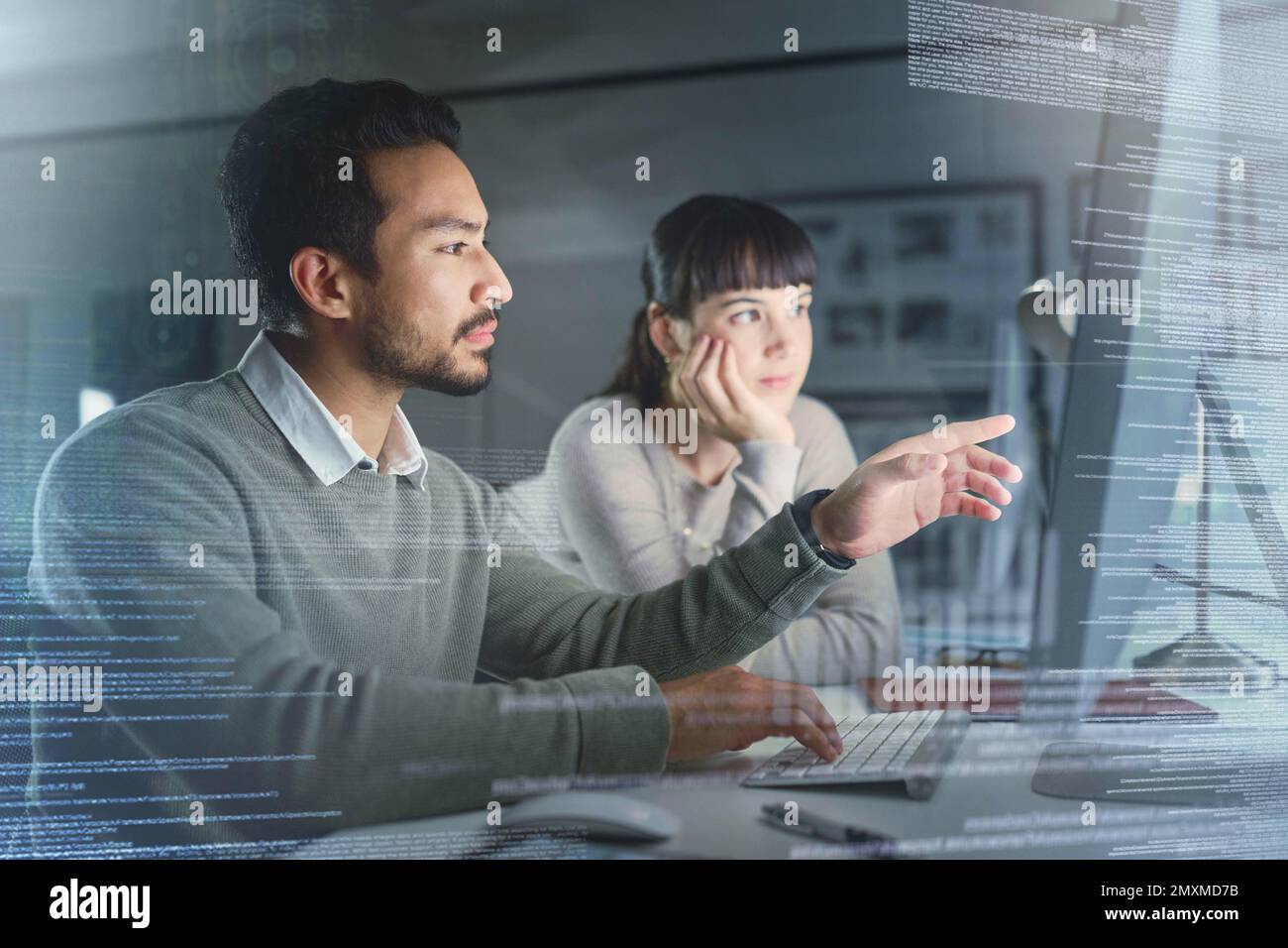 Business people, coding with partnership and information technology ...