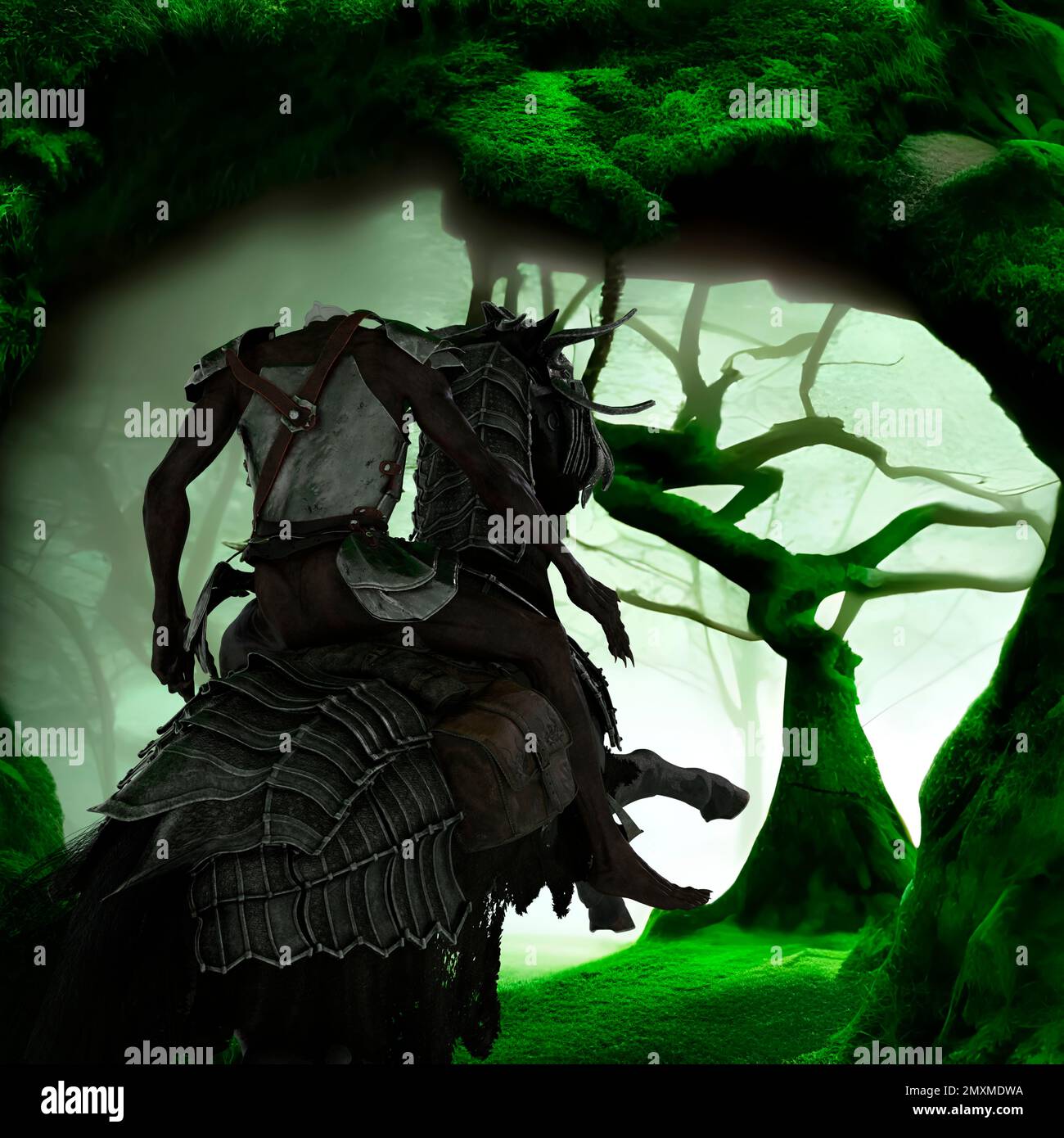 Headless horseman riding a black horse in the mystic forest - 3d ...