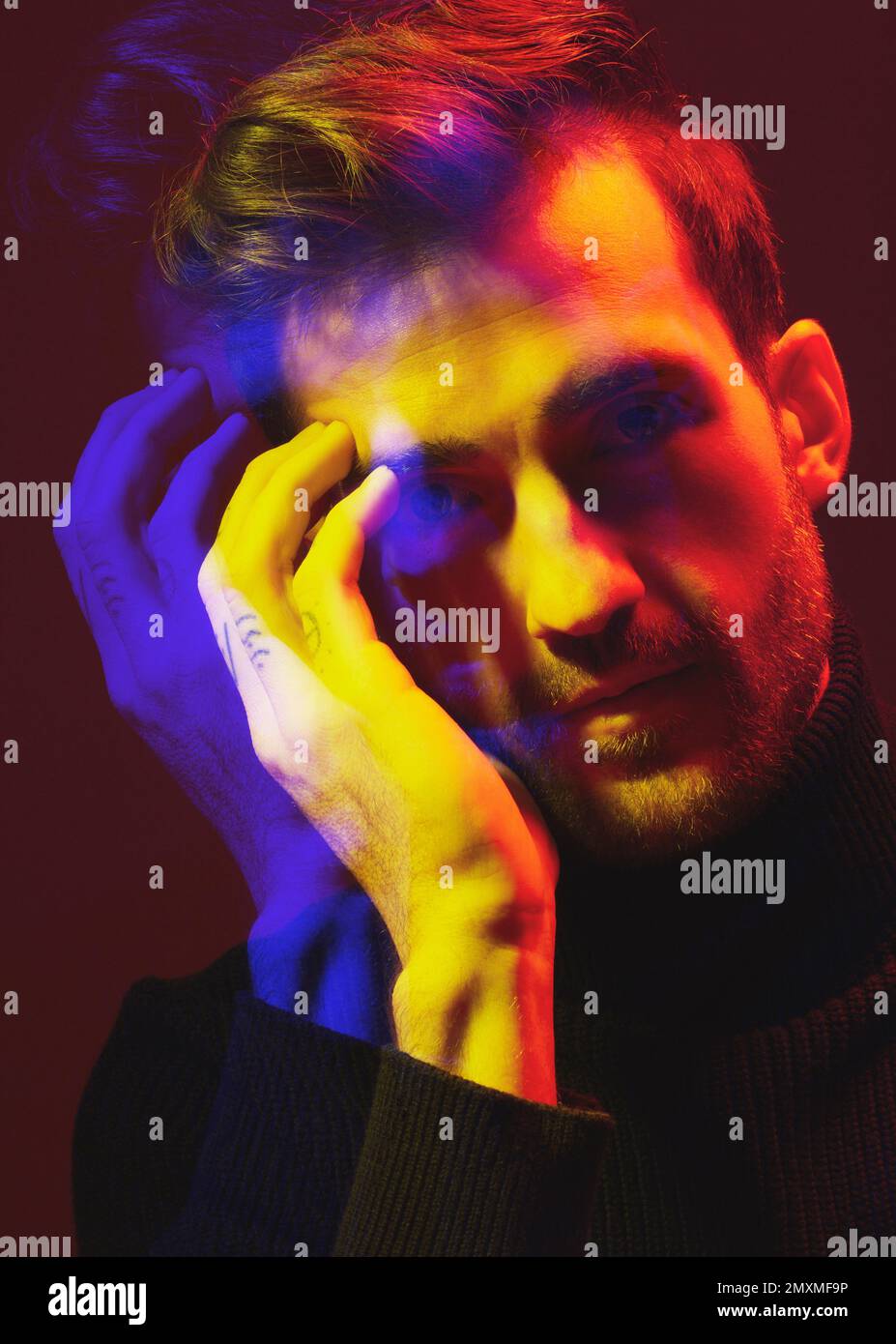 Double exposure, color and portrait of a man with overlay isolated on a ...