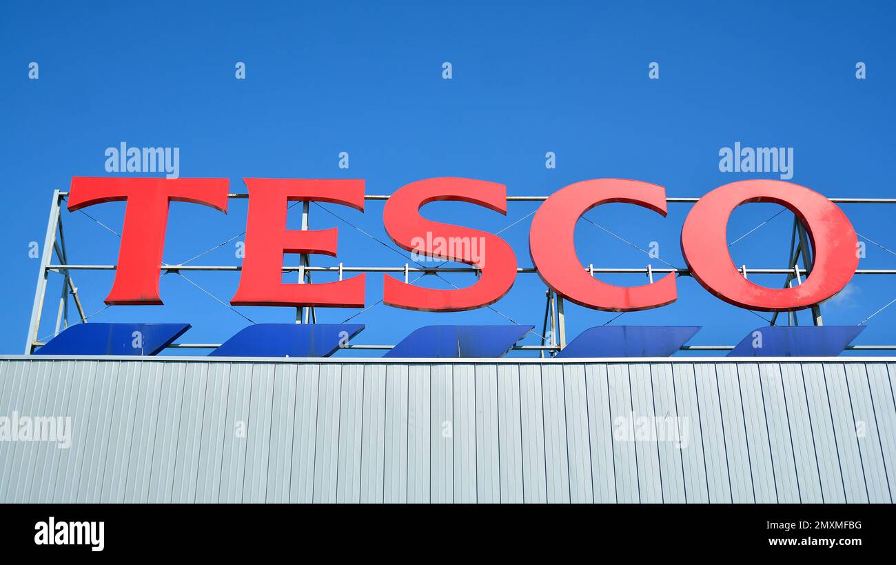 Warsaw, Poland. 3 September 2020. Sign Tesco. Company signboard Tesco ...
