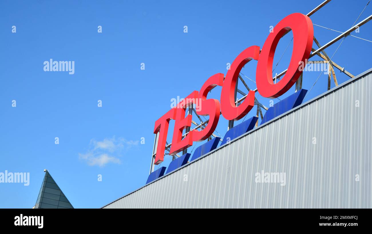 Warsaw, Poland. 3 September 2020. Sign Tesco. Company signboard Tesco ...