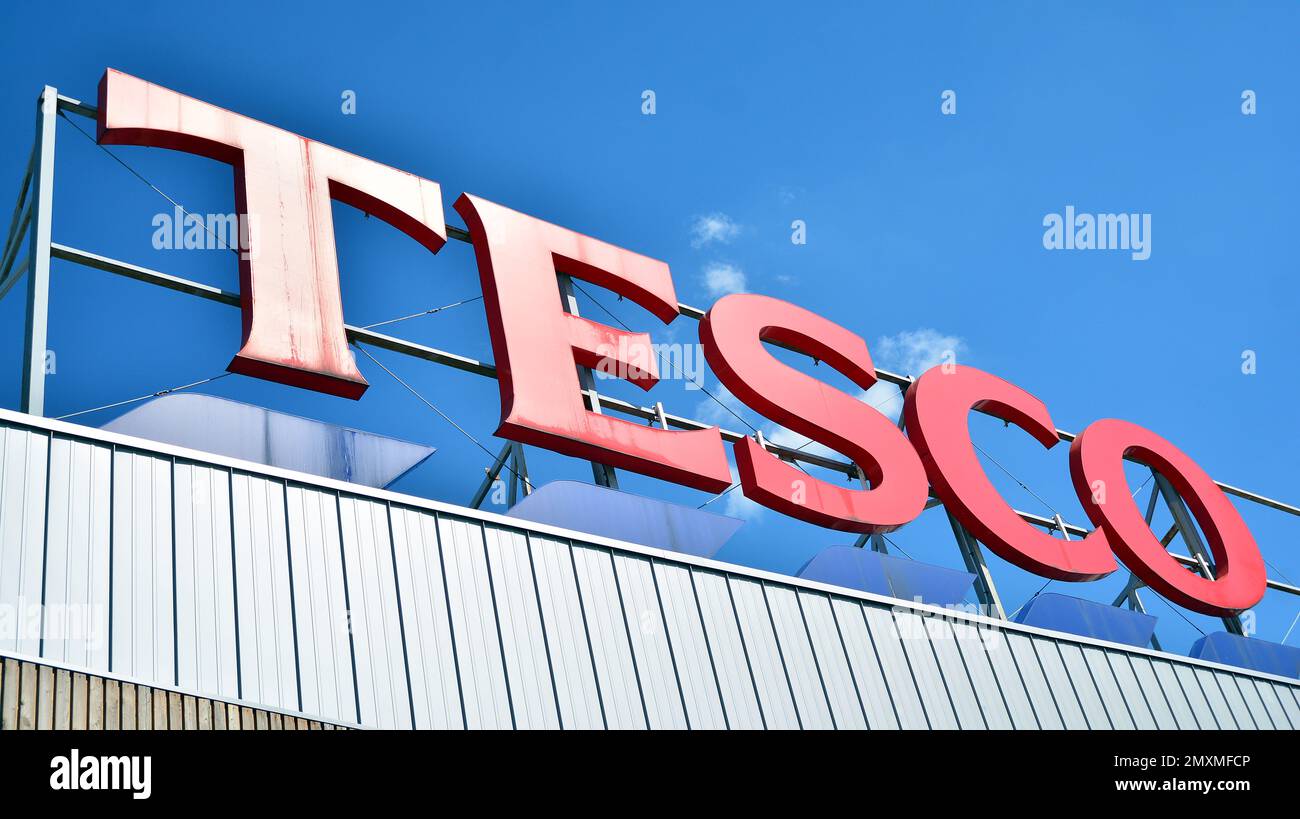 Warsaw, Poland. 3 September 2020. Sign Tesco. Company signboard Tesco ...