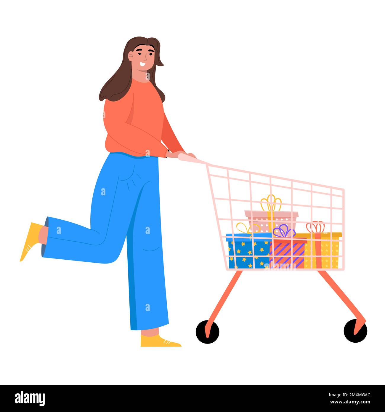 Young woman with shopping cart. Customer buying gifts. Shopping and ...