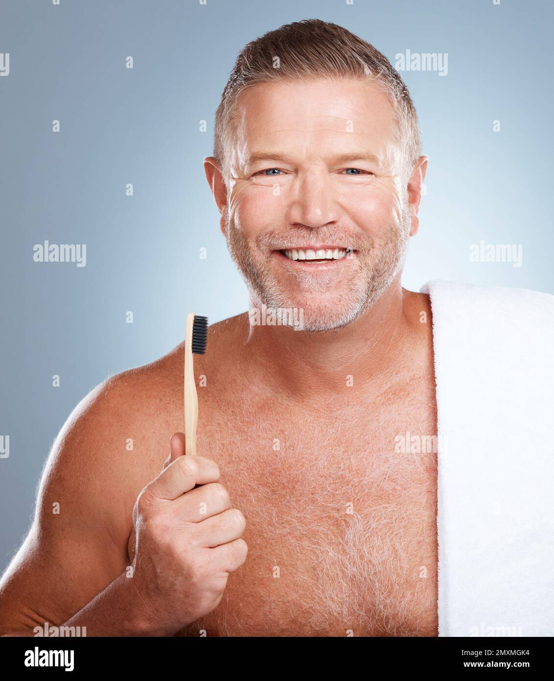 Happy, portrait or old man brushing teeth with dental toothpaste for ...