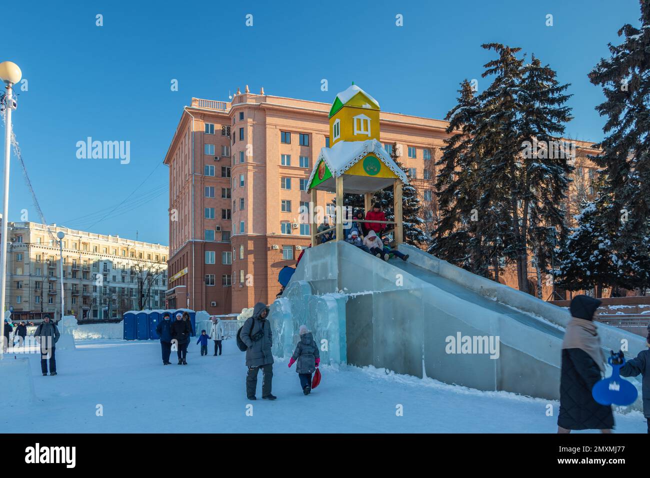 Chelyabinsk, Russia - January 05, 2021. Ice town in the center of the ...