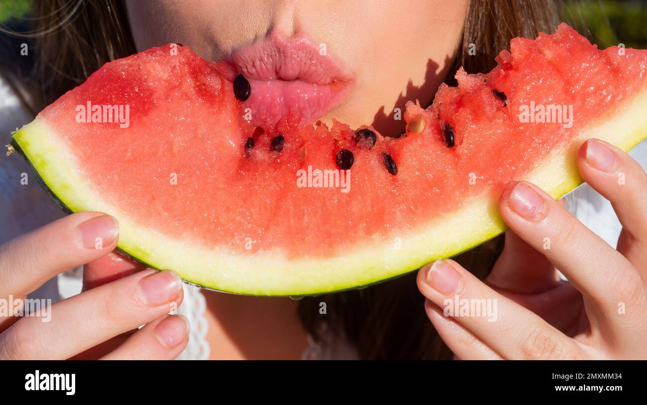 Macro watermelon in women mouth, close up. Girl eating, watermelon ...