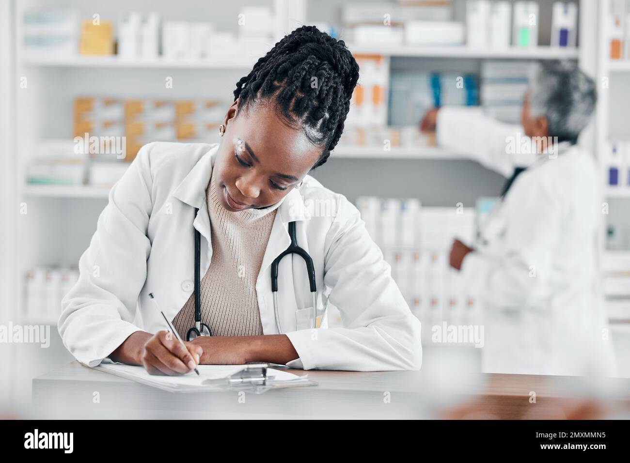 Healthcare, insurance and pharmacist writing notes for medicine, stock ...