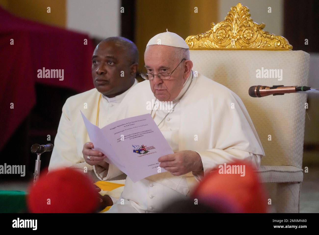 Pope Francis delivers his speech as he meets with priests, deacons ...