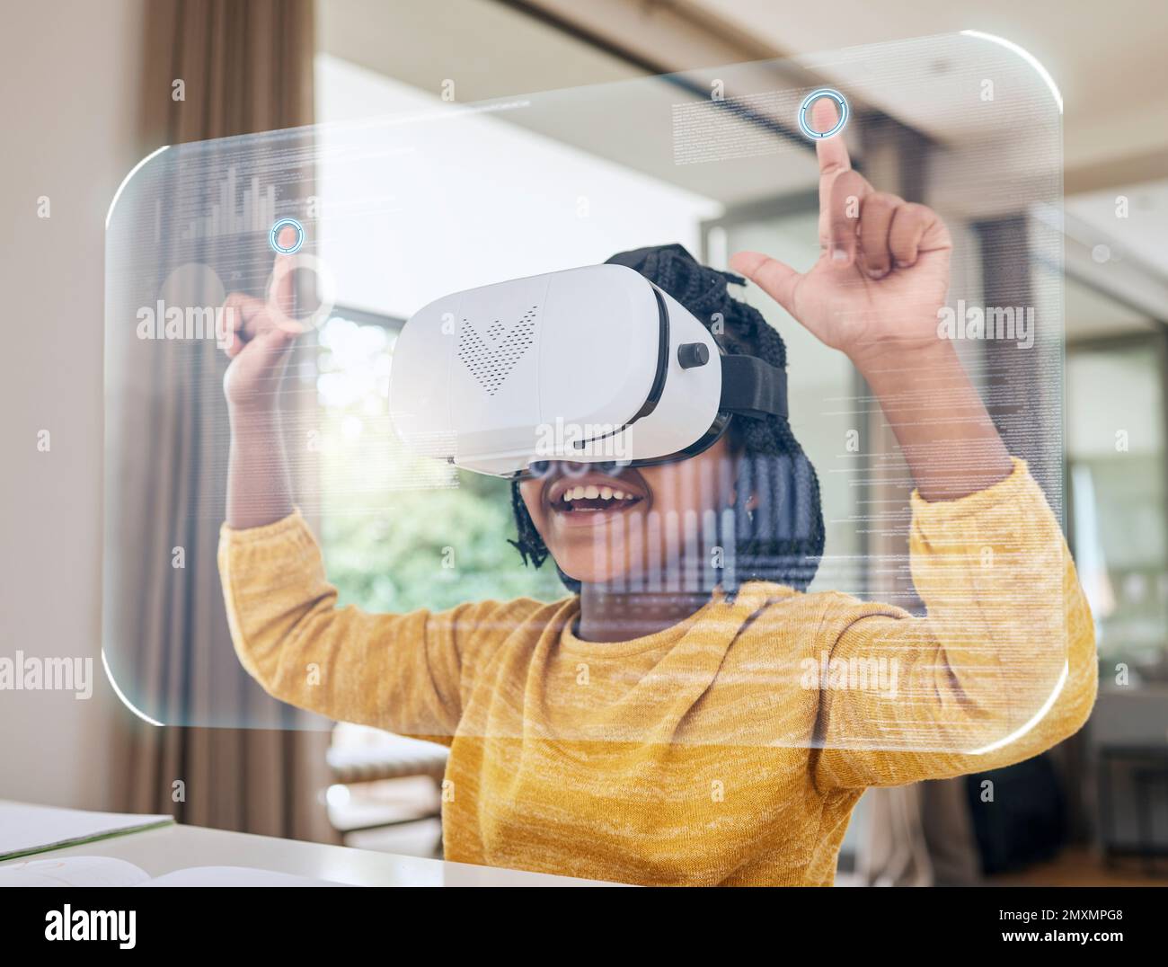 African girl child, vr and education in home with 3d overlay, hand and ...