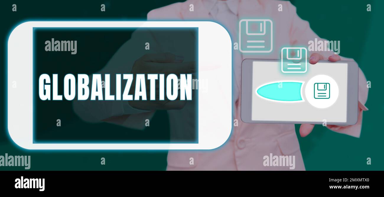 Text caption presenting Globalization. Word Written on development of ...