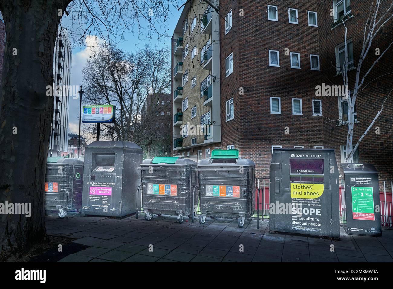 Recycle bins on a street, Pimlico, London, England Stock Photo - Alamy