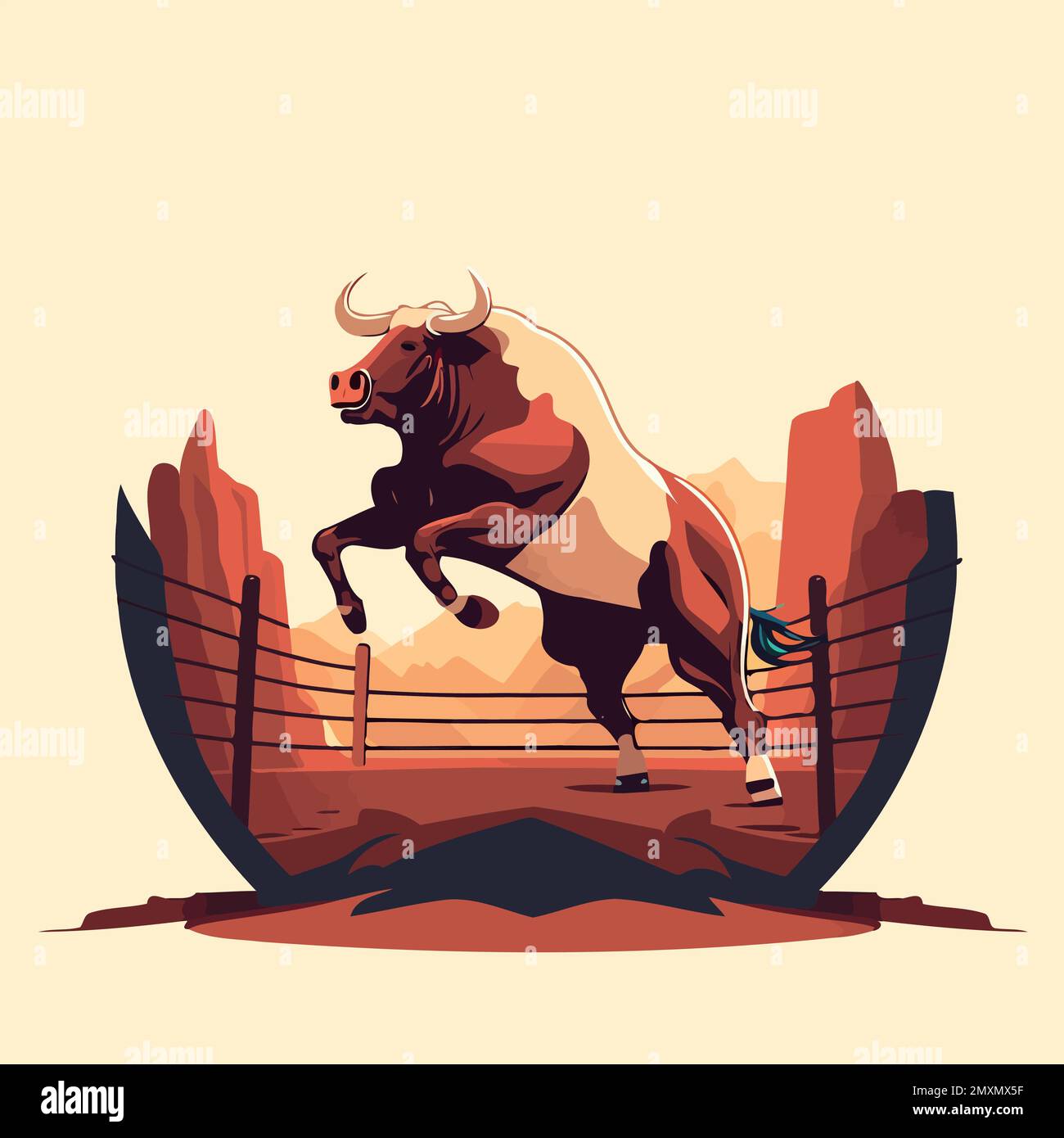 A bull rider holds tight as he rides the bucking bull in a rodeo arena ...