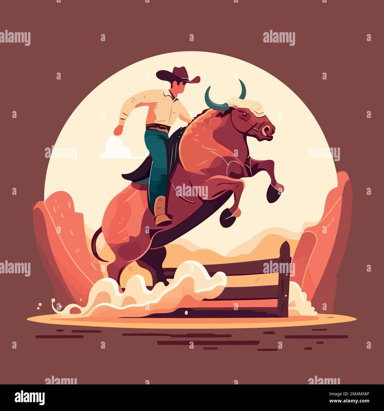 A bull rider holds tight as he rides the bucking bull in a rodeo arena ...