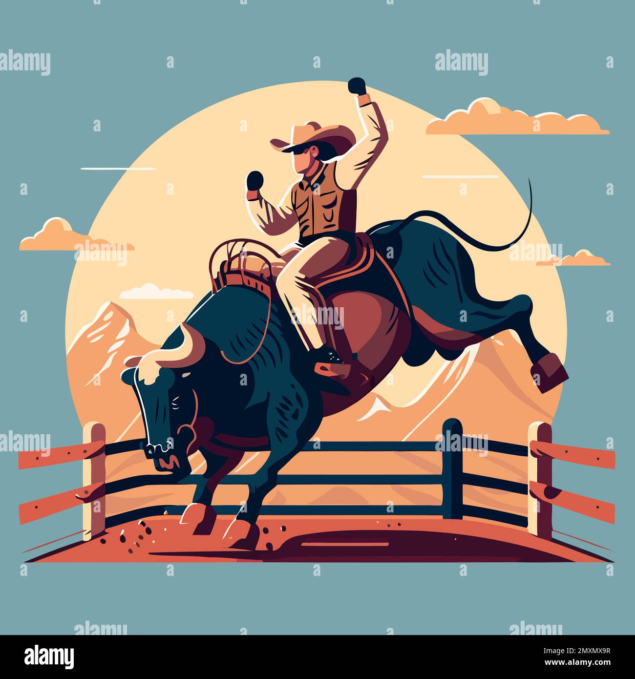 A bull rider holds tight as he rides the bucking bull in a rodeo arena ...