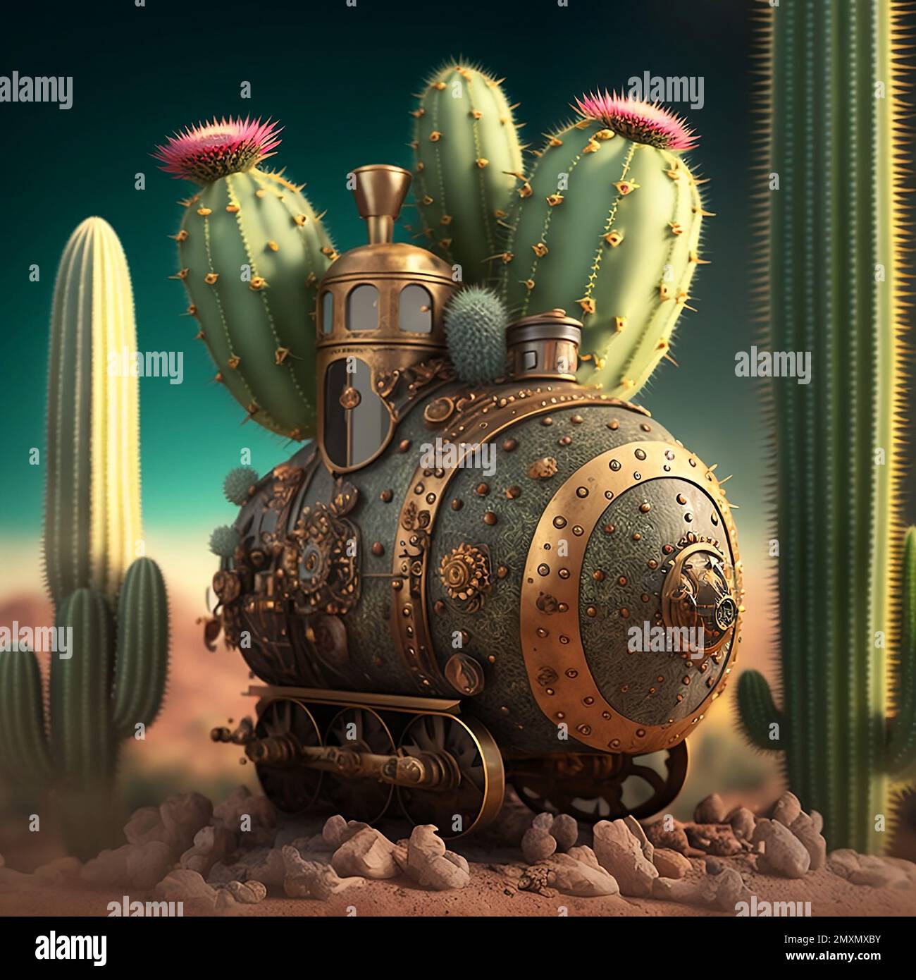 Digital Illustration of a Cactus in a robotic style in a desert Stock ...
