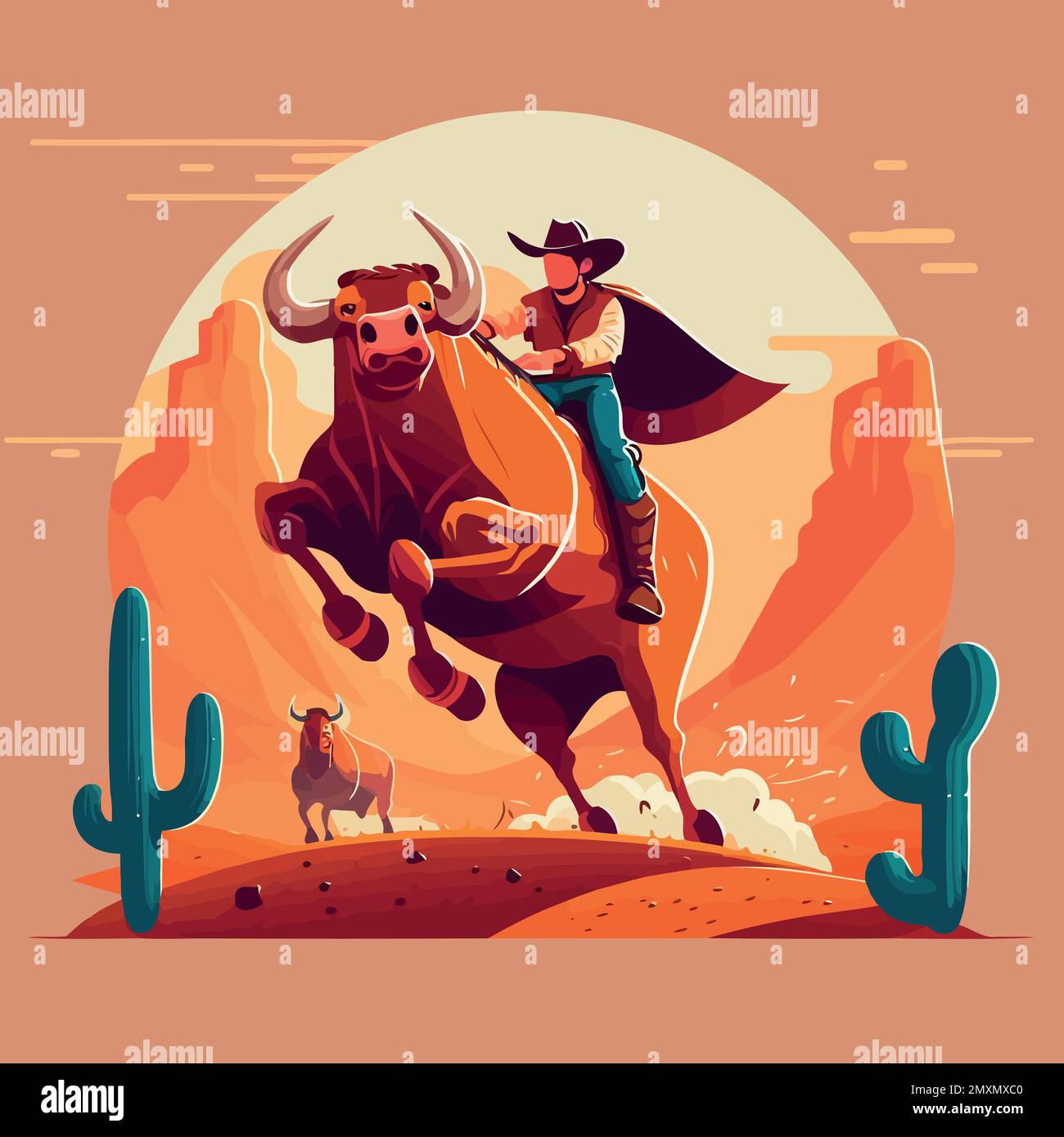 A bull rider holds tight as the bull bucks beneath him Stock Vector ...