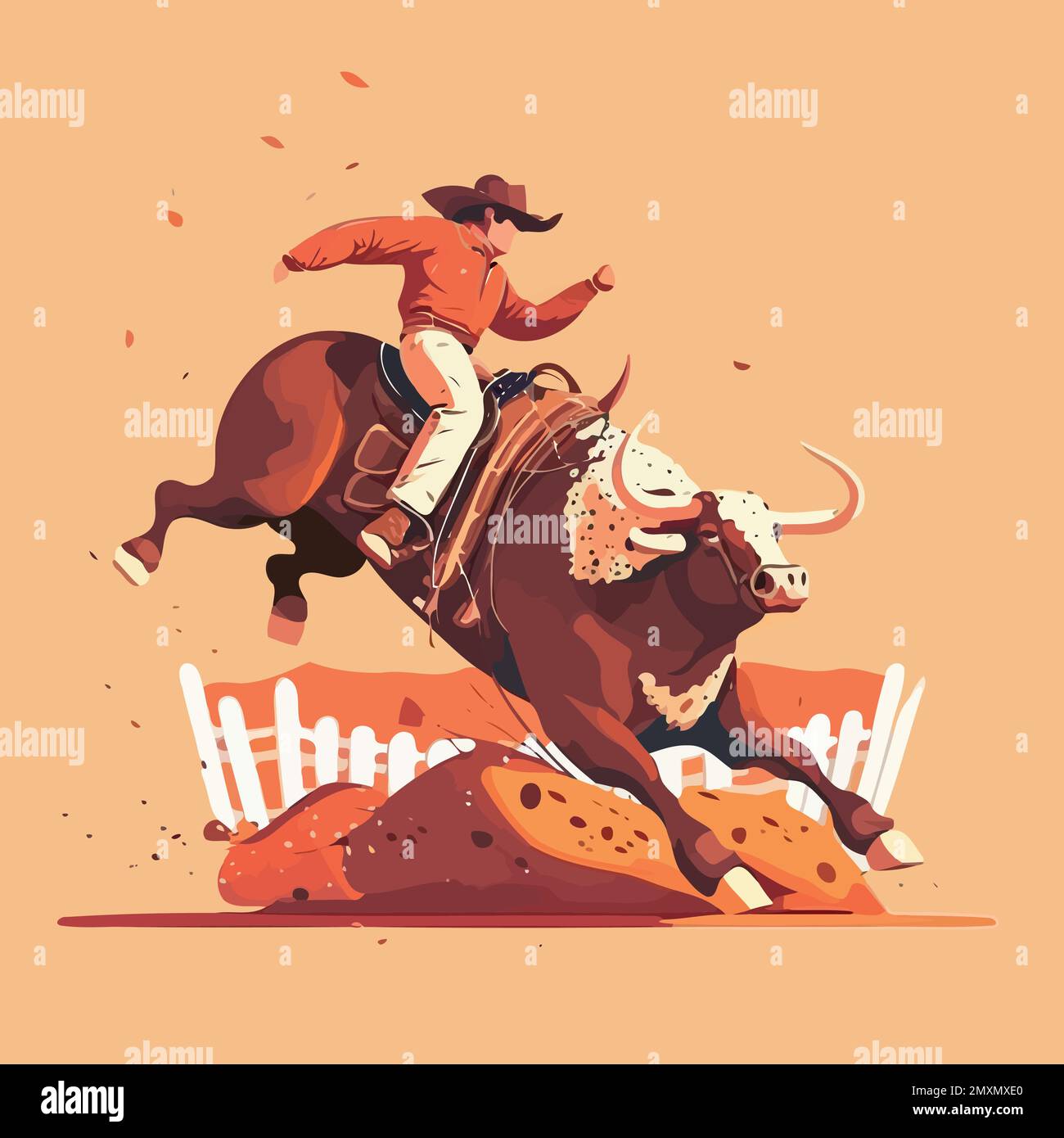 A bull rider holds tight as he rides the bucking bull in a rodeo arena ...