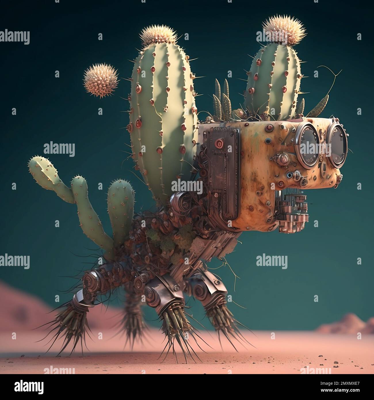 Digital Illustration of a Cactus in a robotic style in a desert Stock ...