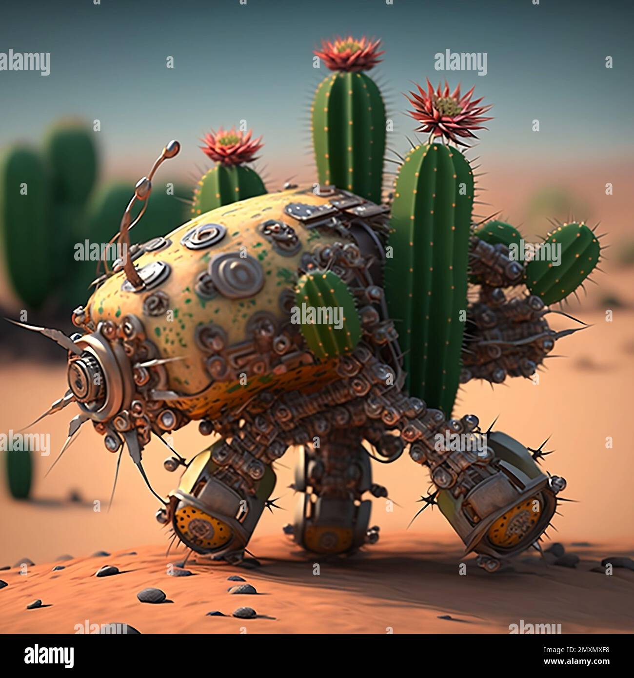 Digital Illustration of a Cactus in a robotic style in a desert Stock ...