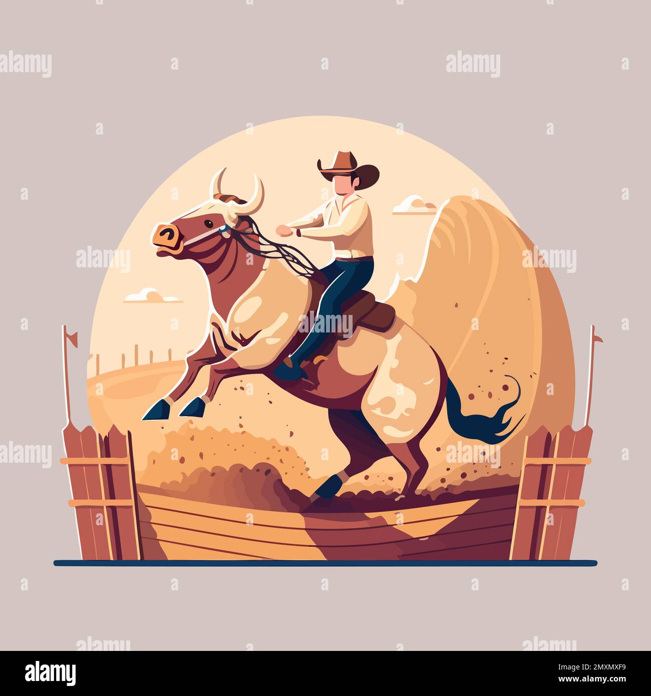 A bull rider holds tight as he rides the bucking bull in a rodeo arena ...