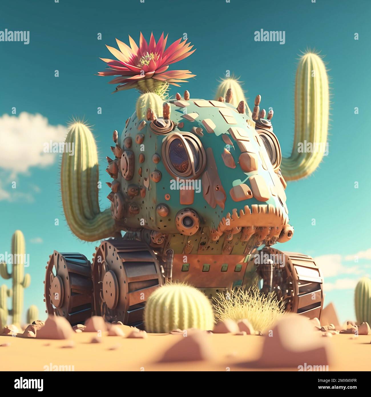 Digital Illustration of a Cactus in a robotic style in a desert Stock ...