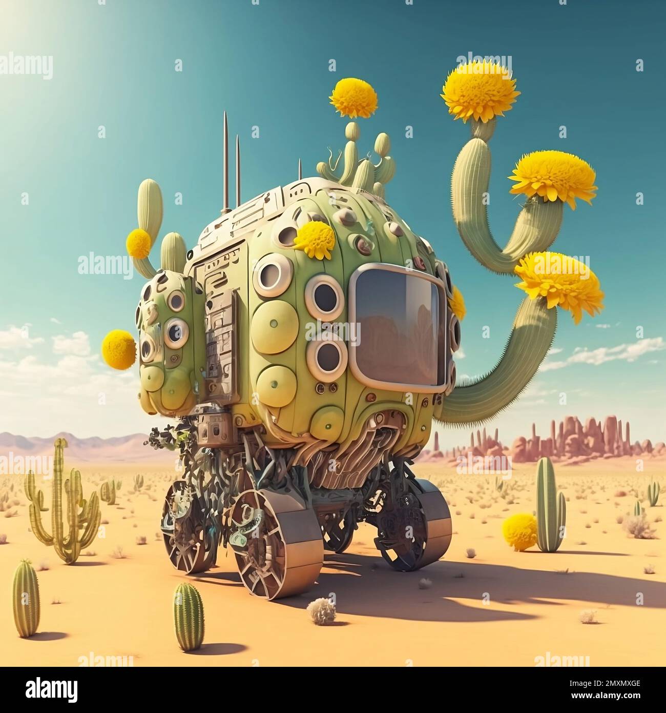 Digital Illustration of a Cactus in a robotic style in a desert Stock ...