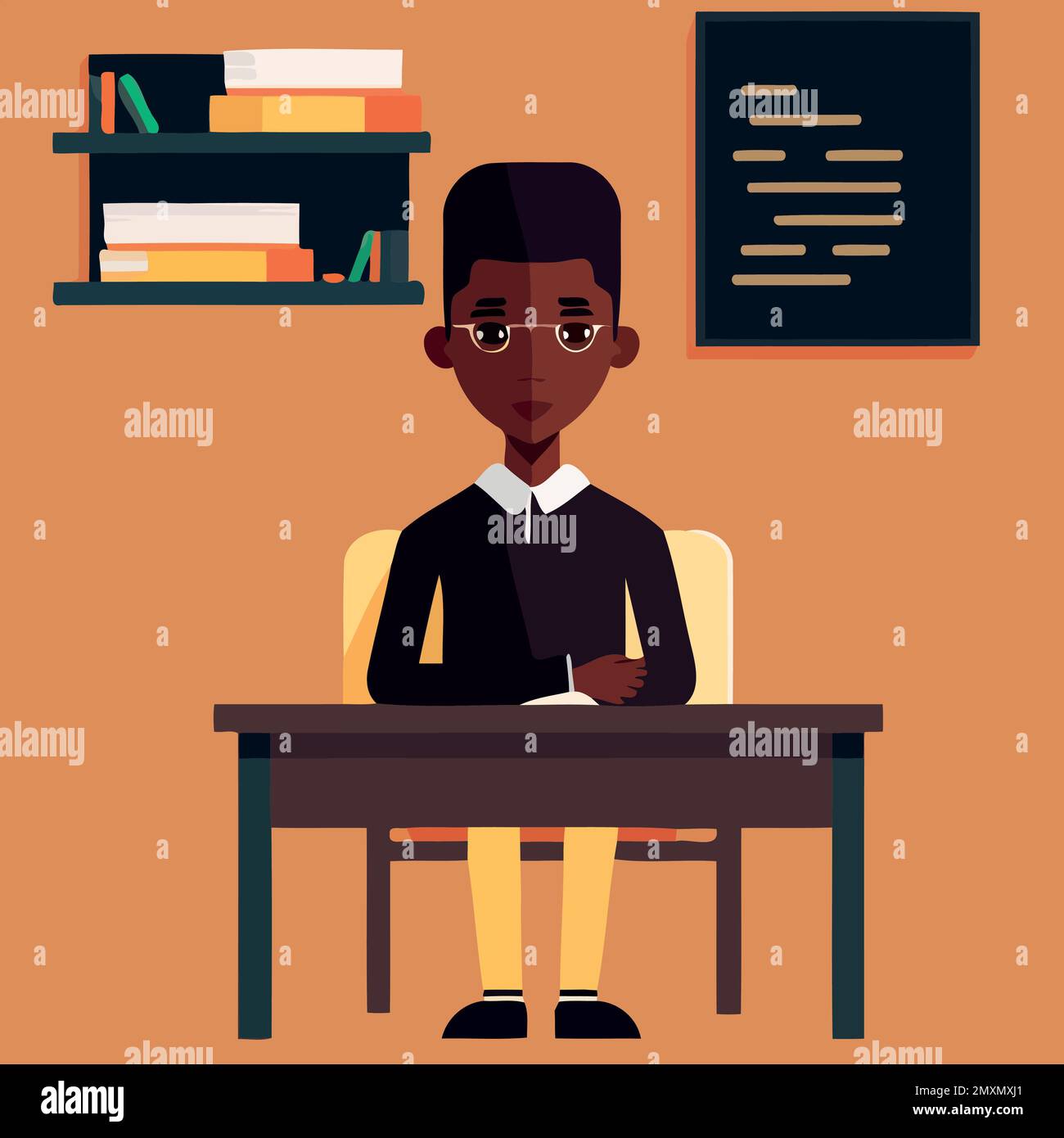 A seated black professor in front of his desk wearing glasses and ...