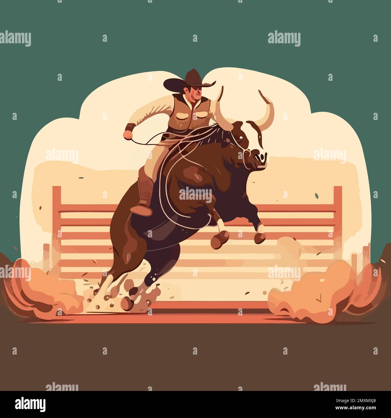 A bull rider holds tight as he rides the bucking bull in a rodeo arena ...