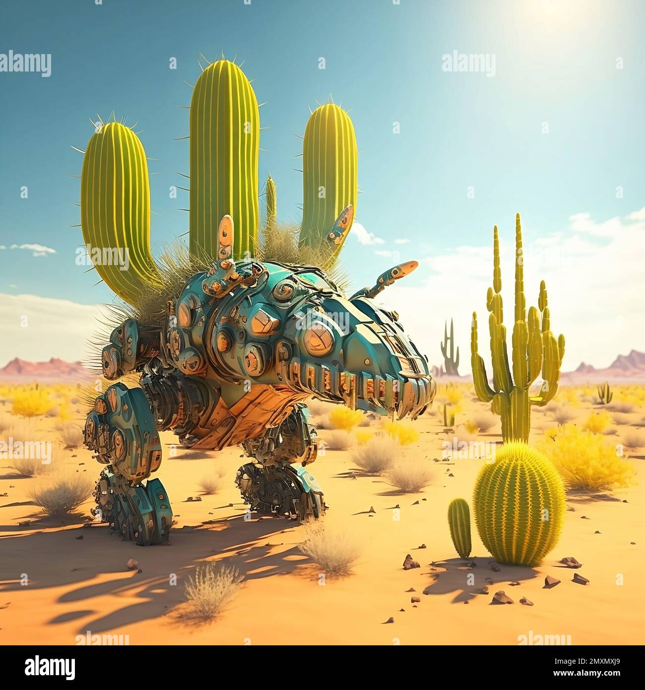 Digital Illustration of a Cactus in a robotic style in a desert Stock ...