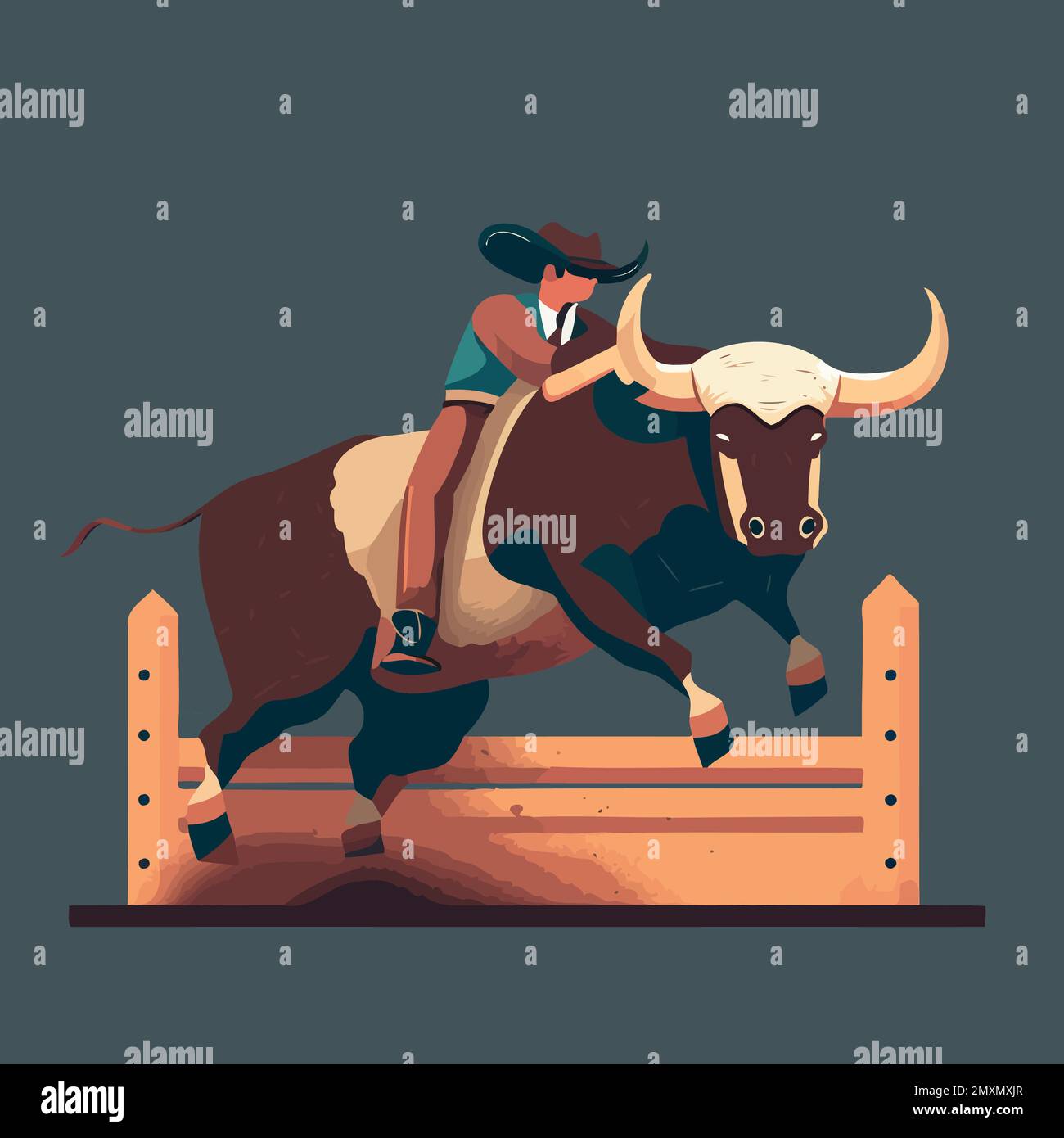 A bull rider holds tight as he rides the bucking bull in a rodeo arena ...