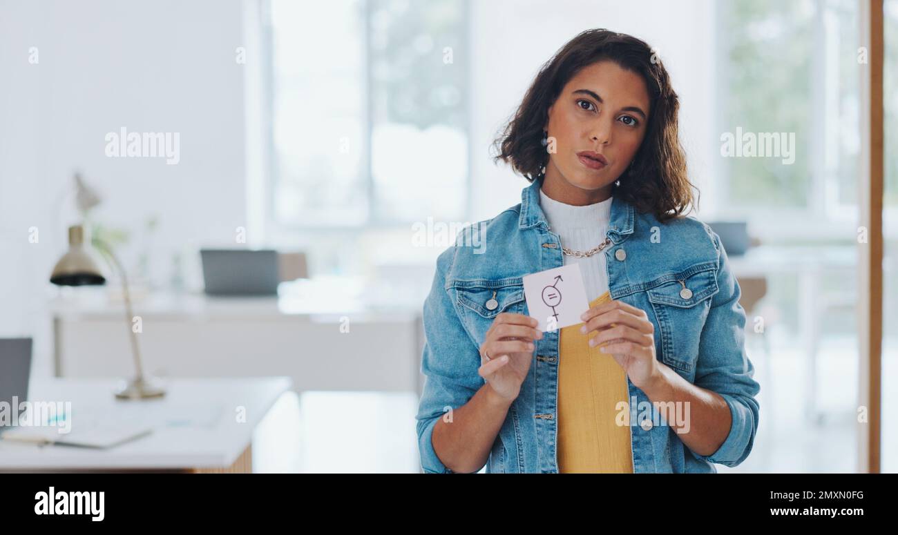 Gender equality, pay gap and woman with a sign in the office with a ...