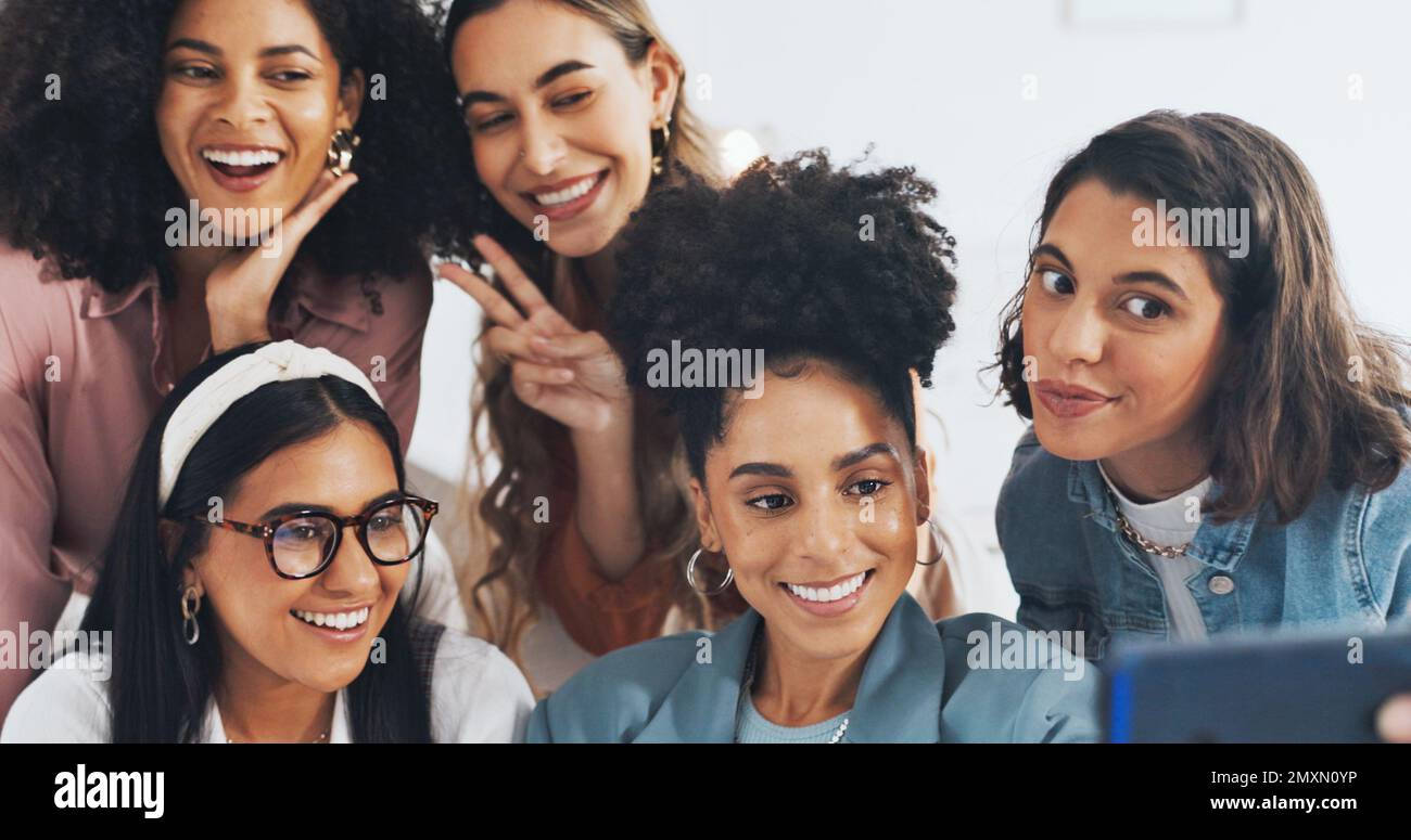 Happy, phone or employees take a group selfie at work on lunch break ...