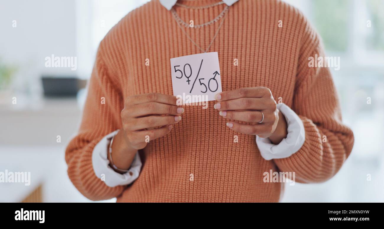 Gender equality, business woman with paper for equal pay, face and ...