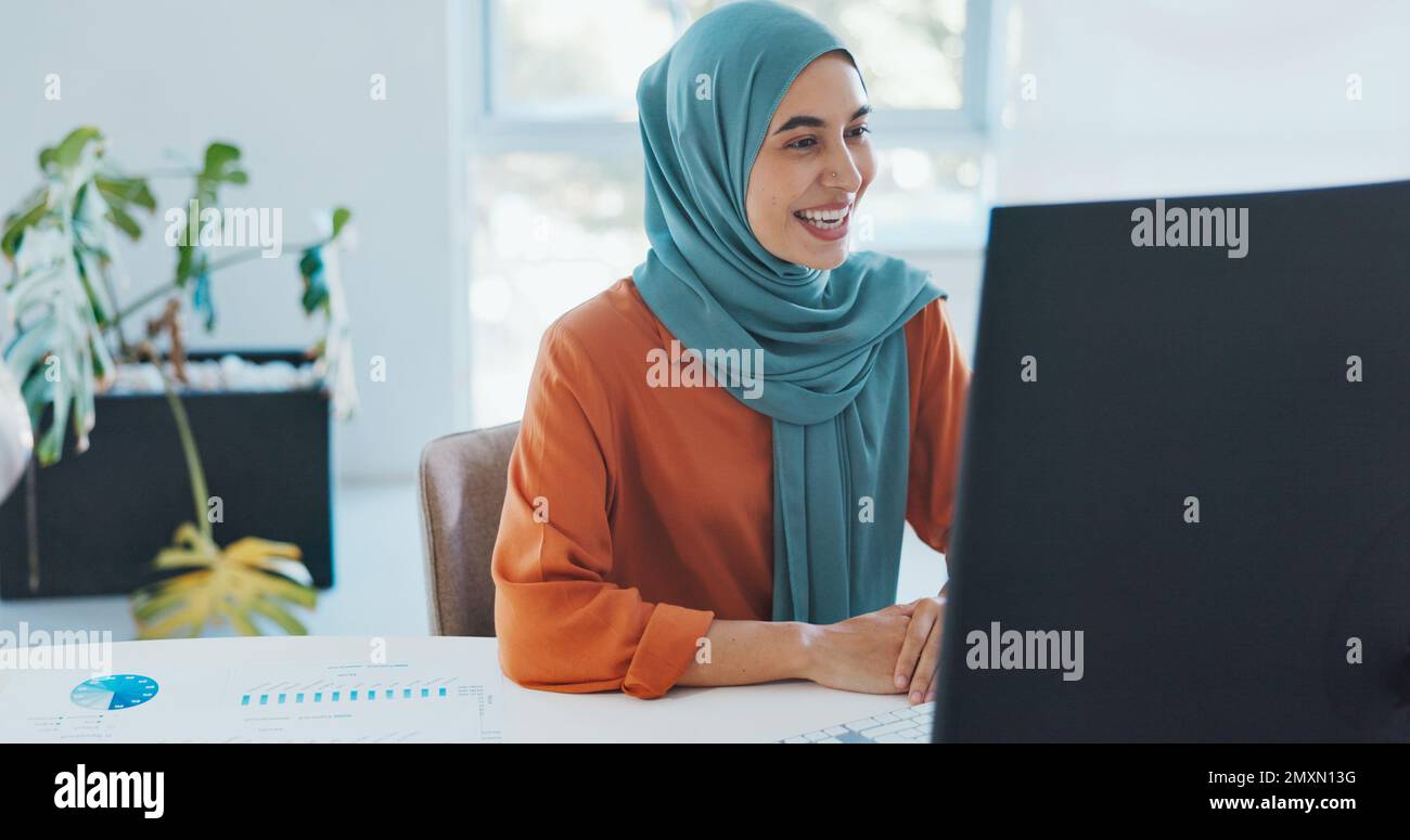 Corporate muslim woman, wave and video call with computer, smile and ...