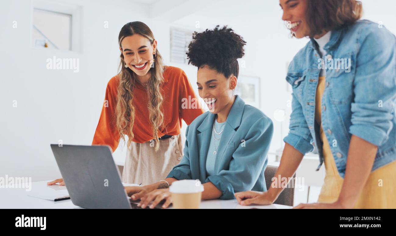 Laptop, success or women high five at work in celebration of digital marketing sales goals or ...