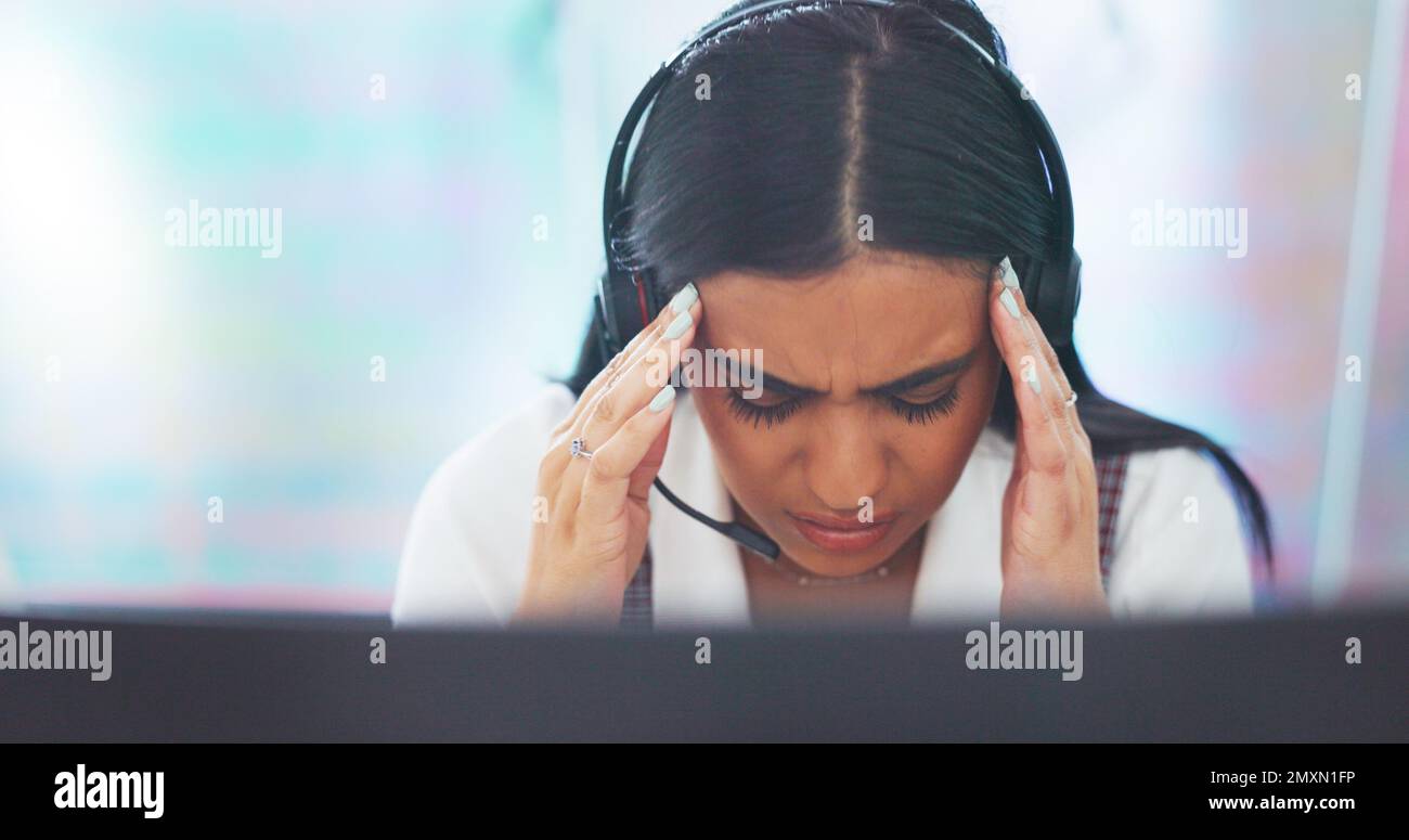 Stress, headache or woman in a call center with burnout exhausted by ...