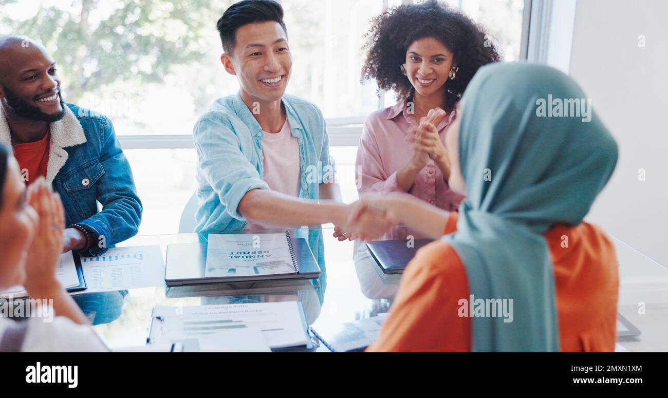 Handshake, success or happy employees meeting kpi goals, bonus achievement or sales target in ...